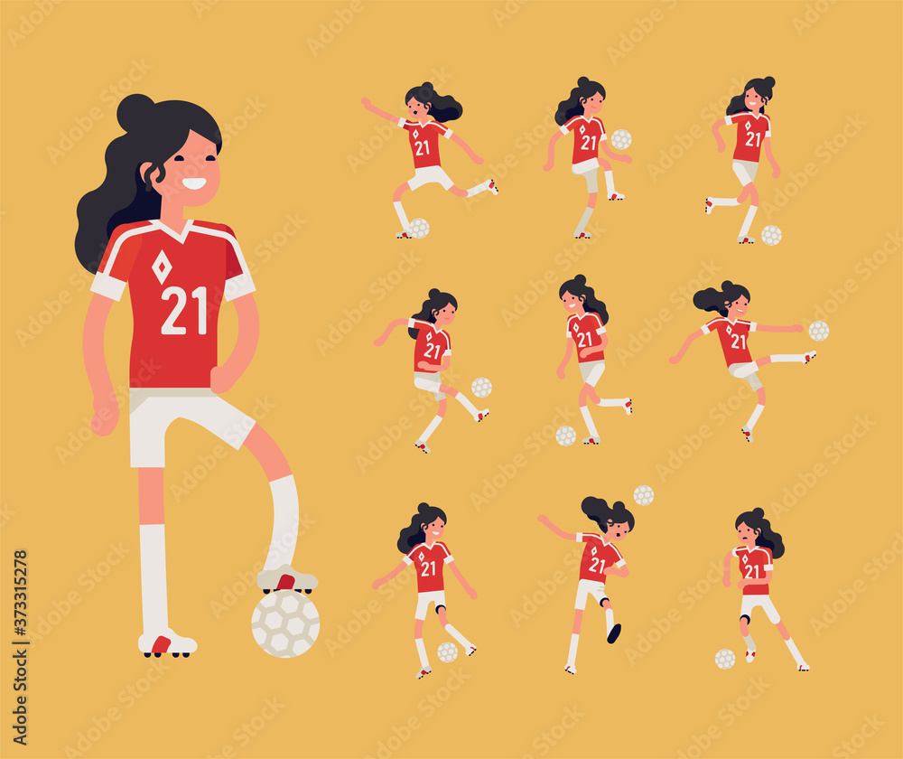 Girls football team member poses bundle. Cheerful longhaired female ...