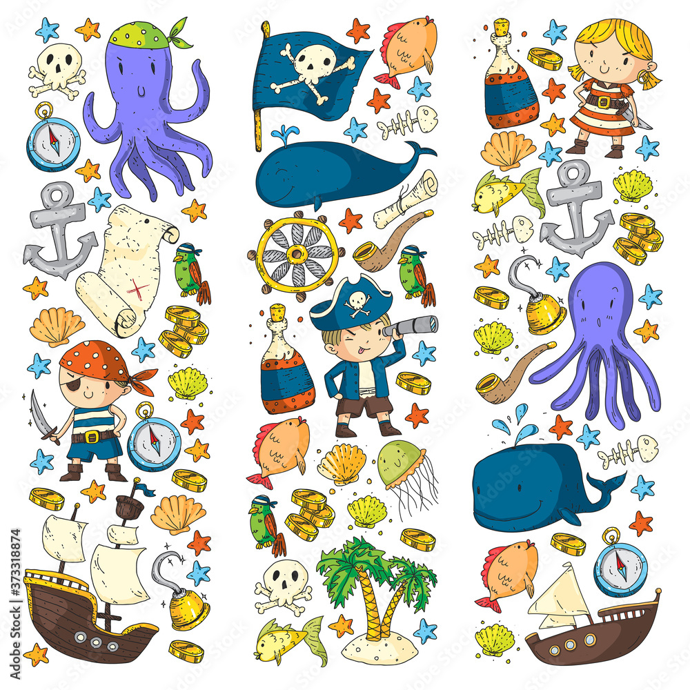 Vector pirate set in cartoon style. Sweet card with pirates, ship ...