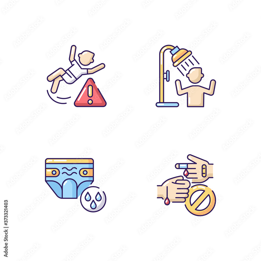 Aquapark recreation tips RGB color icons set. Swim diapers for kids ...