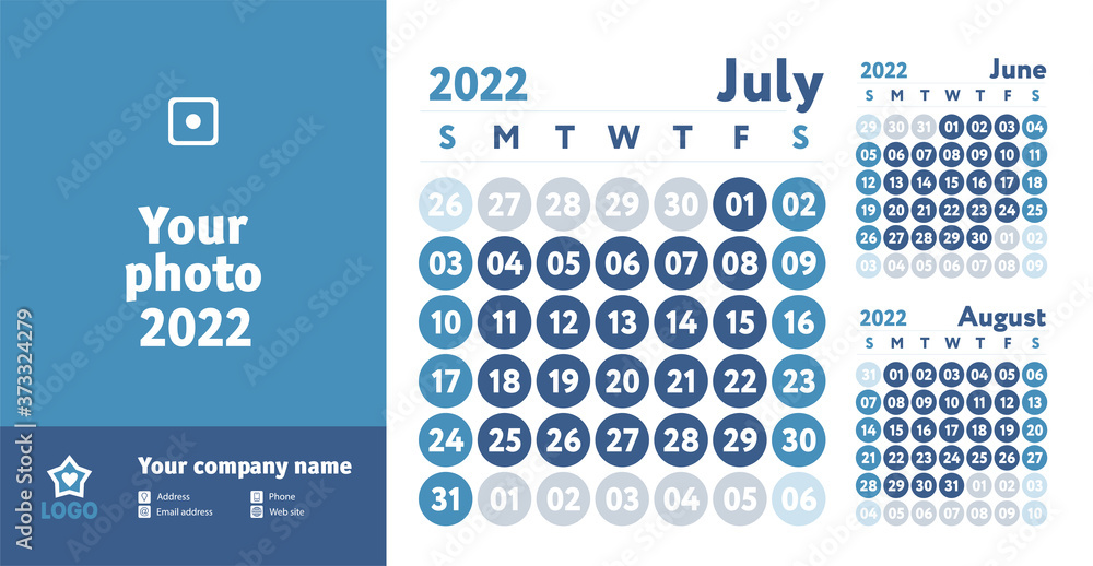 July 2022 calendar. Blue color planner design. English calender. Vector ...