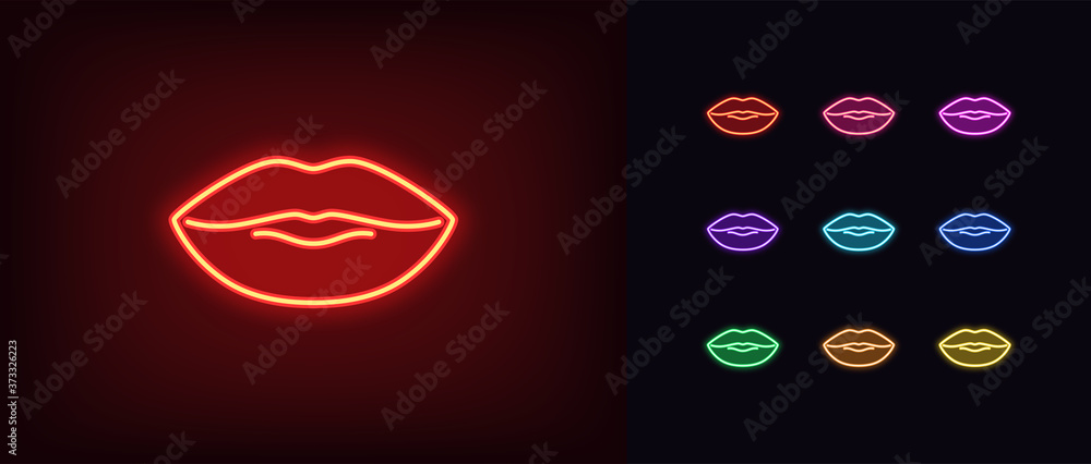 Red neon lips icon. Glowing neon woman lips sign, passionate kiss Stock ...