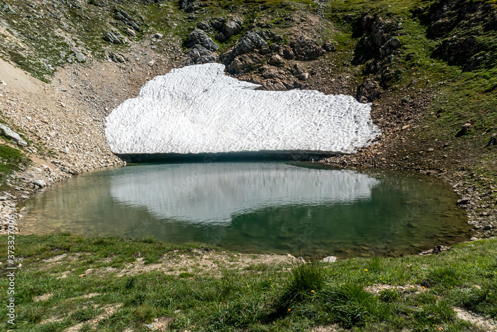 Glacial lake of melting ice of glacier, rocks and land in Summer ...