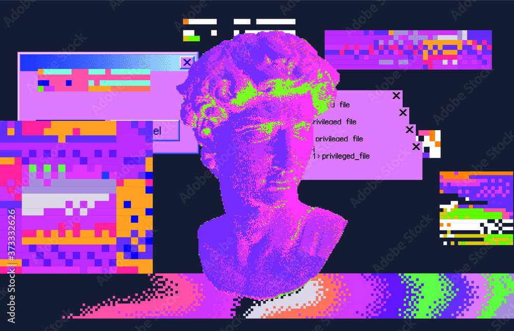 Cyberpunk-style collage with plaster 3D head and pixel artifacts ...