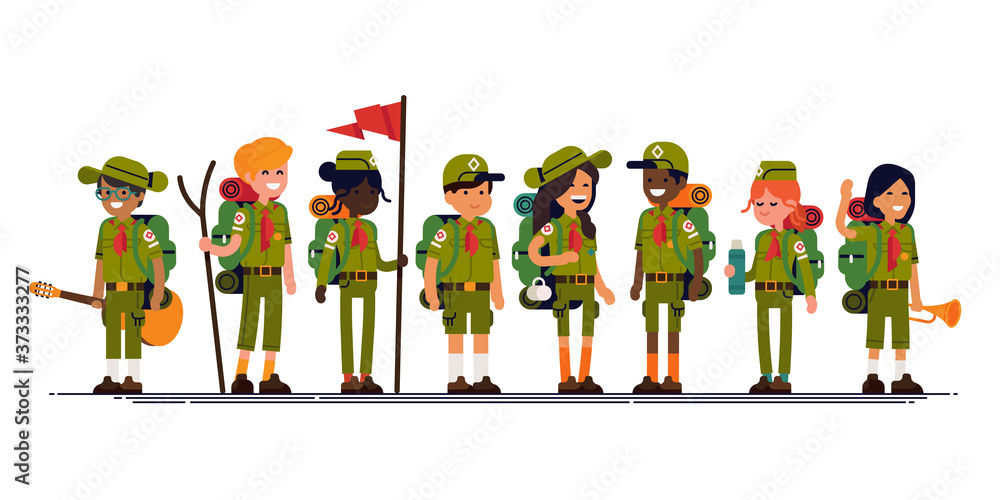Summer camp scouts together. Cool vector character design on diverse ...