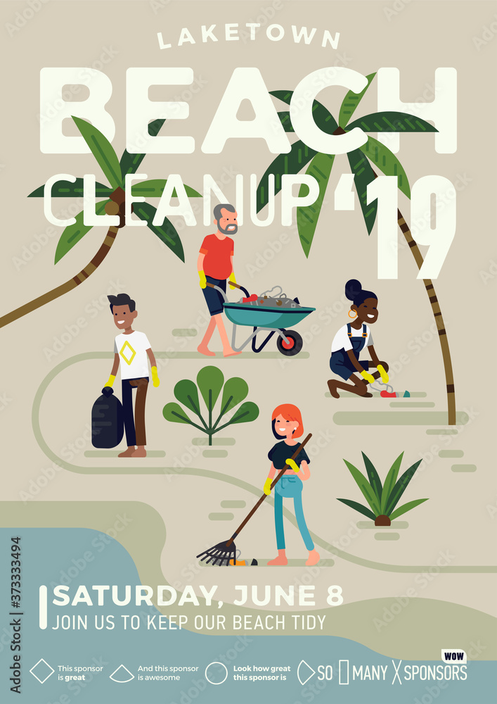 Catchy Beach Cleanup event banner or poster template in trendy flat ...