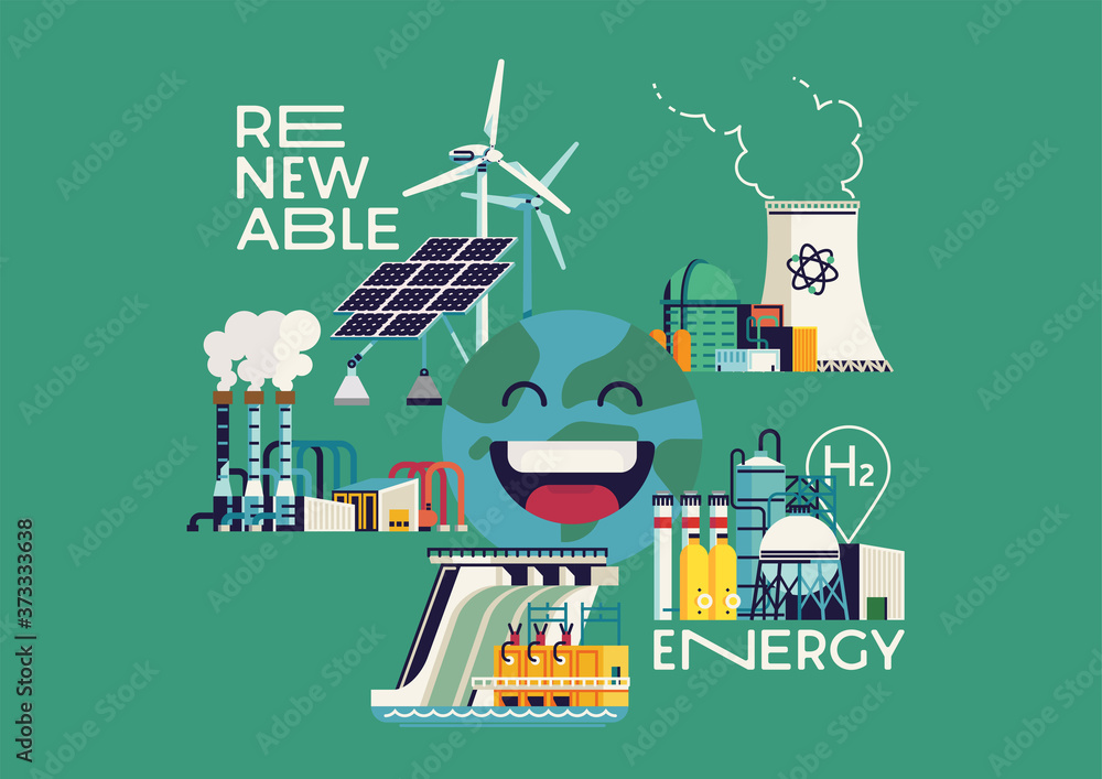 Cool flat vector illustration on Renewable Energy with happy cheerful ...