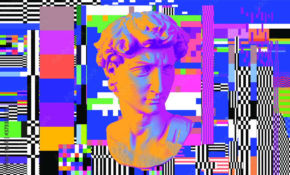 Cyberpunk-style collage with plaster 3D head and pixel artifacts ...