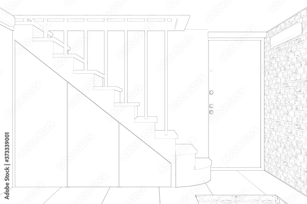 Sketch of the beige hall with an entrance door, a staircase opposite a ...