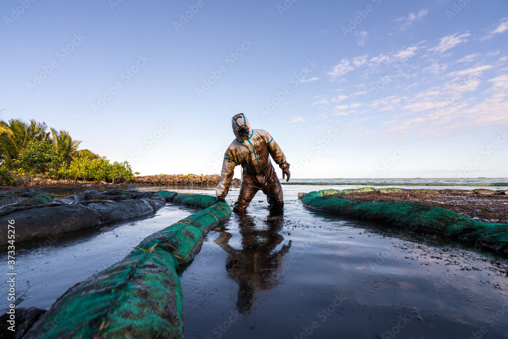 Volunteers clean the ocean coast from oil after a tanker wreck ...