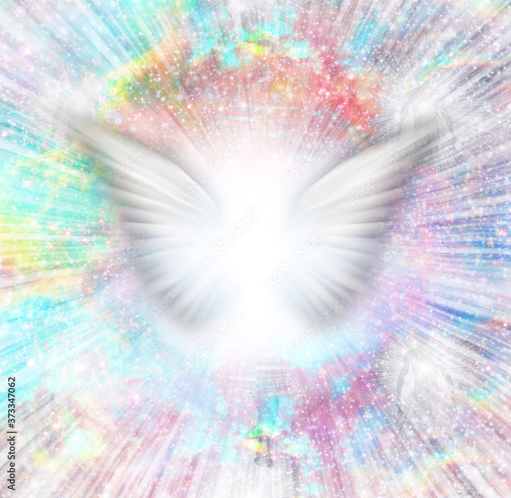 Shining angel wings in rays of light. 3D rendering Stock Illustration ...