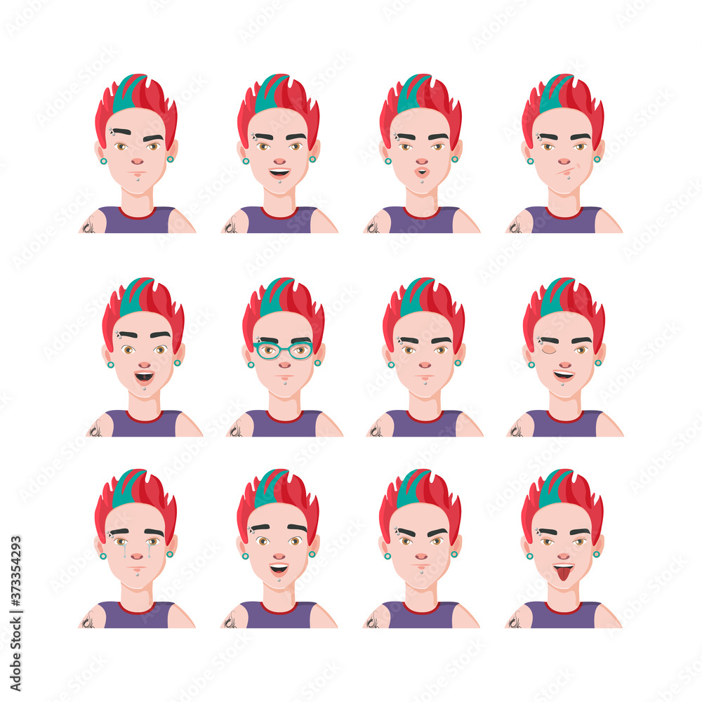 Set of Punk, Brown Eyed Men Portraits with Twelve Different Emotions ...