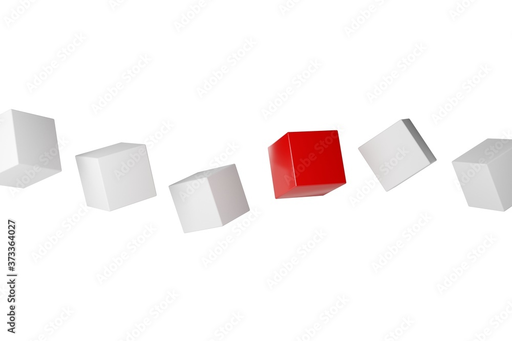 Single red cube in row of floating white cubes, standing out ...