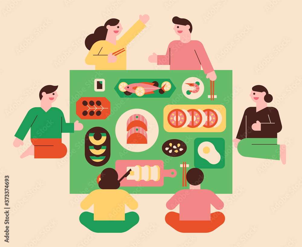 People are sitting around the table and eating together. flat design ...