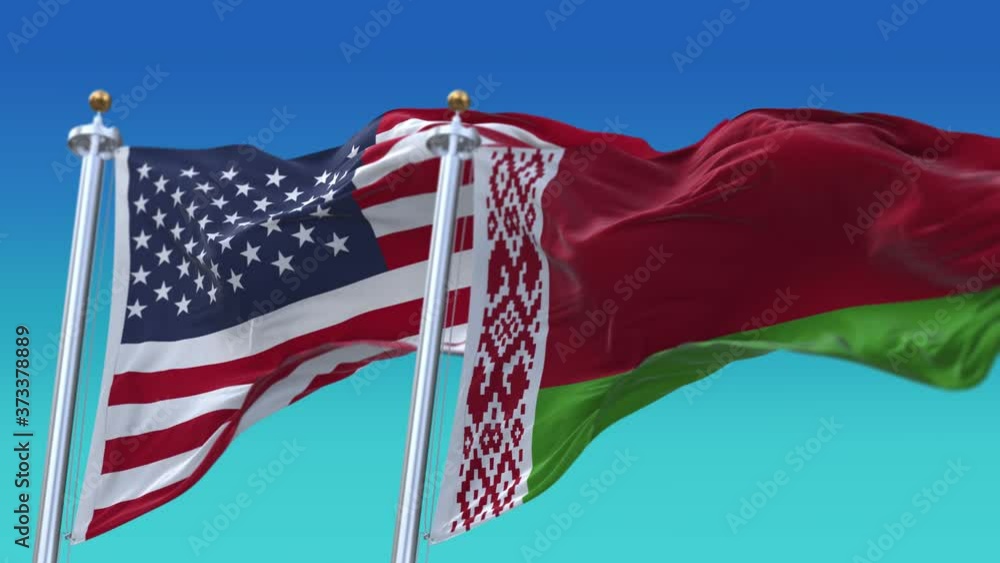 4k Seamless United States and Belarus Flags with blue sky background;A ...