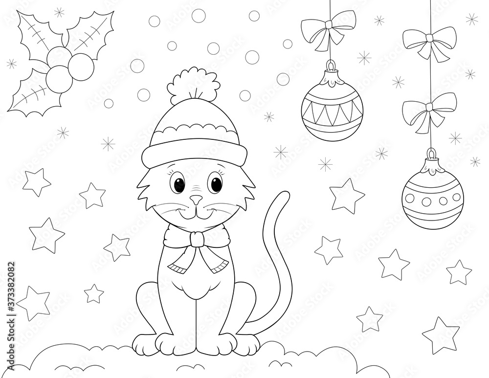 christmas cat coloring page Stock Illustration | Adobe Stock