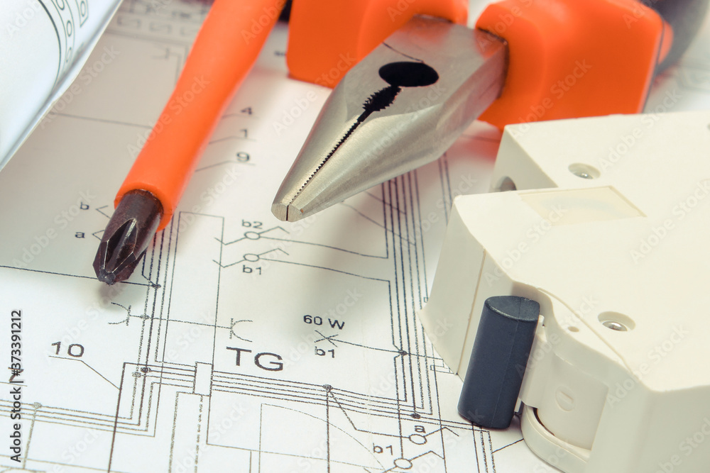 Electrical diagrams, electric fuse and work tools on construction ...