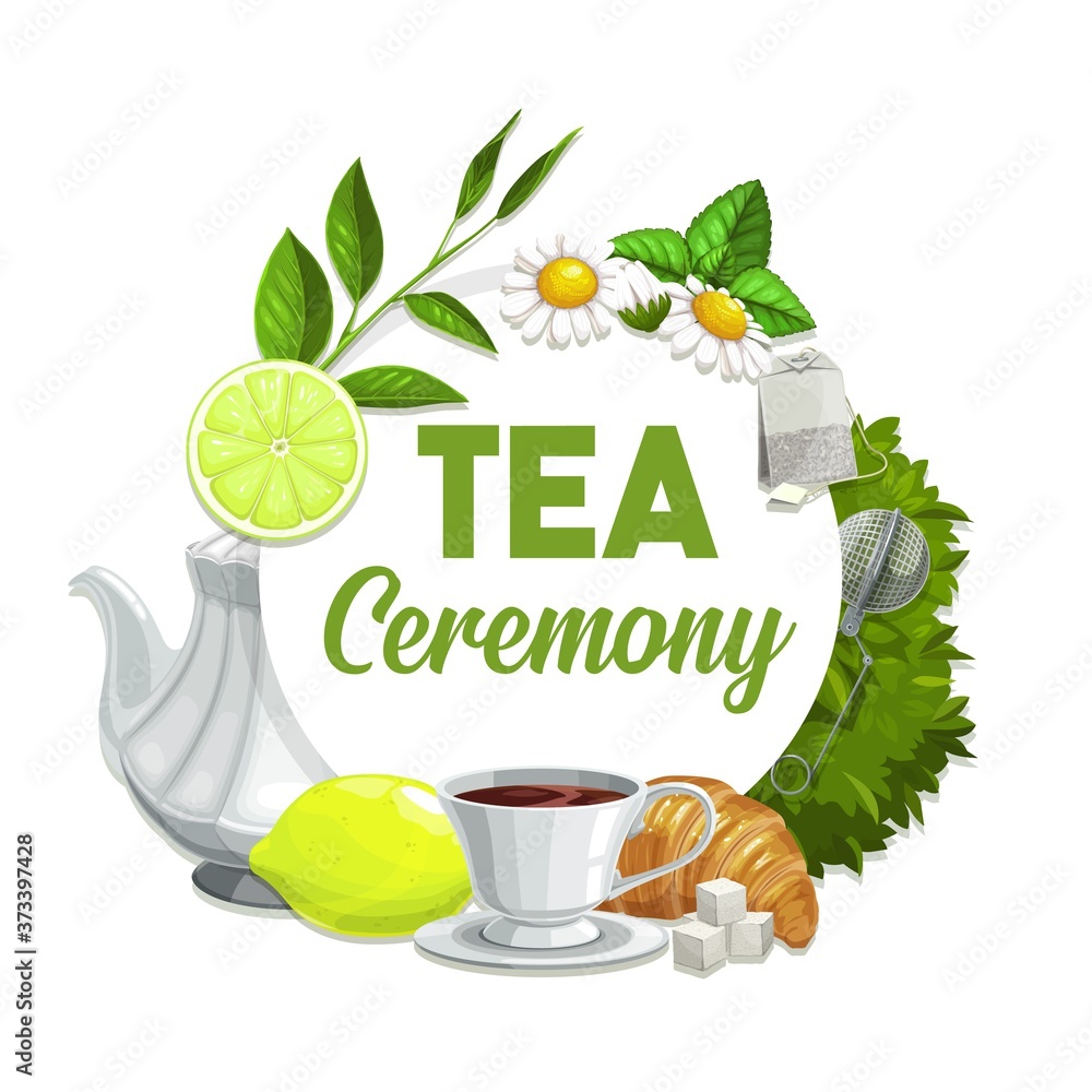 Tea ceremony vector poster, black beverage in porcelain cup with lemon ...