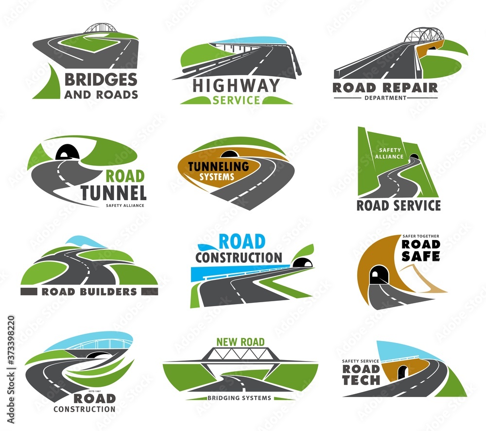 Road icons, highway and way route path or pathway, vector transport ...