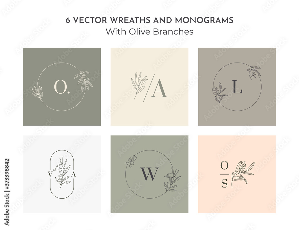 Set of Wedding Monogram and Logos with Olive Branch in Modern Minimal ...