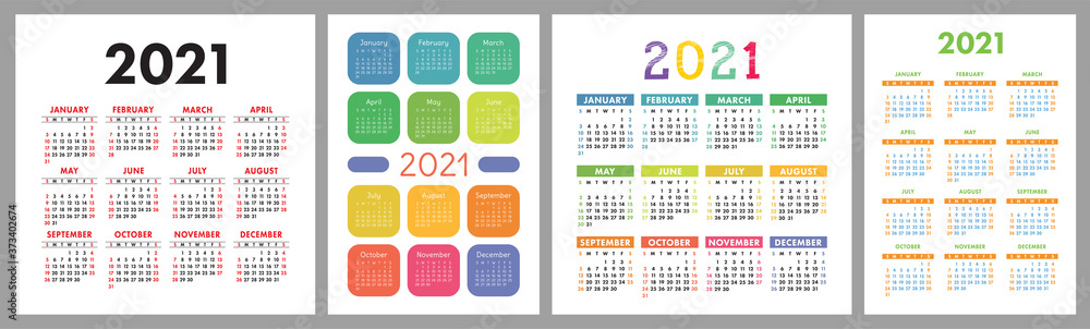 Calendar 2021 year set. Vector template collection. Simple design. Week ...