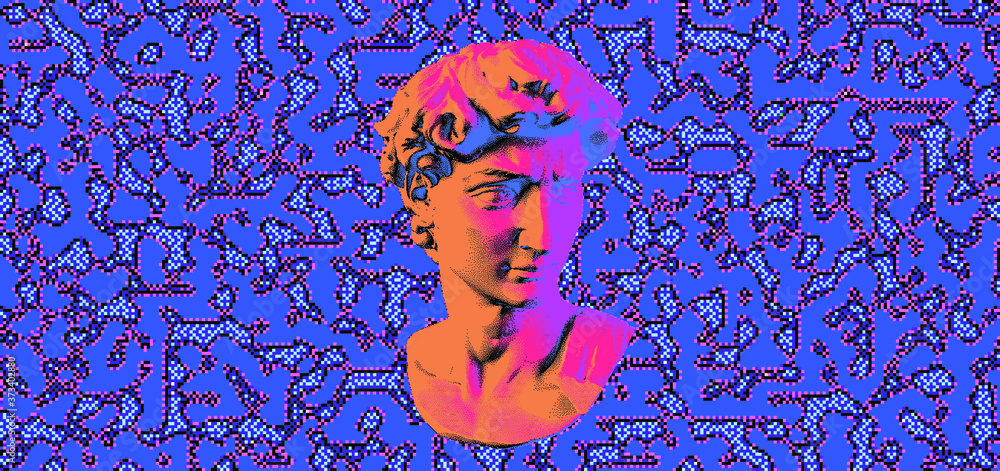 Cyberpunk-style collage with plaster 3D head and pixel artifacts ...