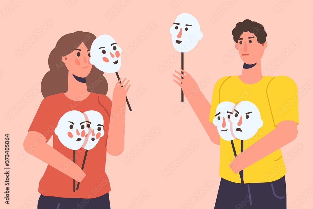 Vetor de Fake emotion, play a role concept. Character holds masks with ...