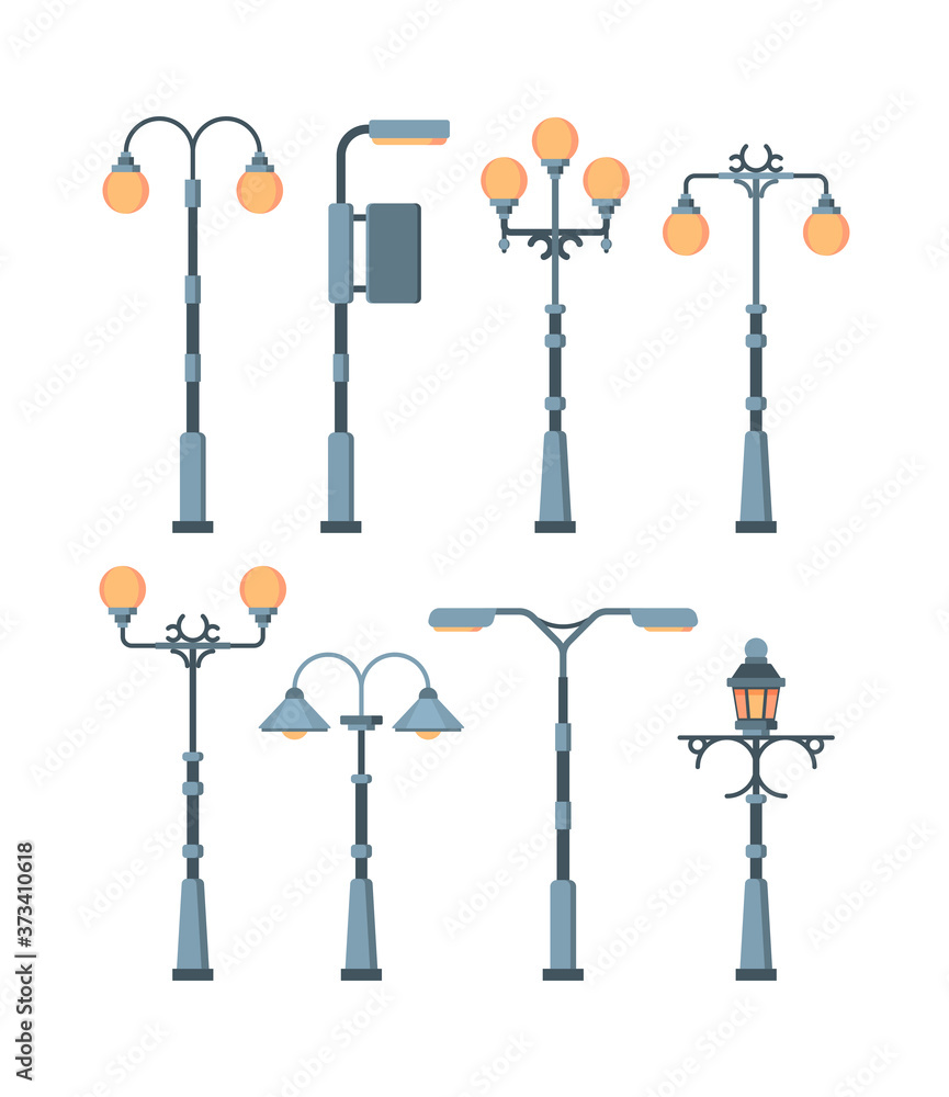 Street lights set. Traditionally and retro city lighting lamps antique ...