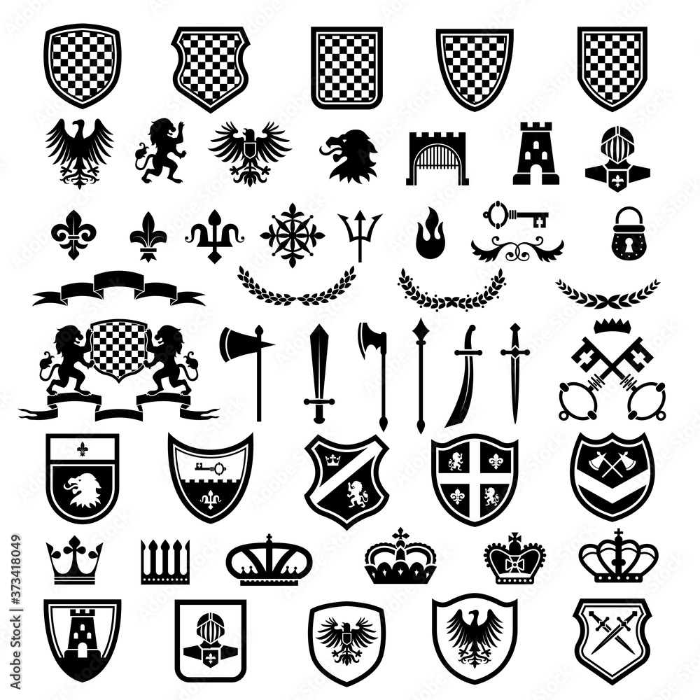 Medieval badges. Heraldic emblems collection with silhouettes of ...