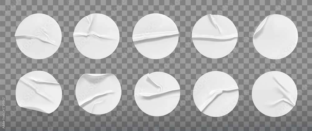 White round crumpled sticker mock up set. Adhesive white paper or ...