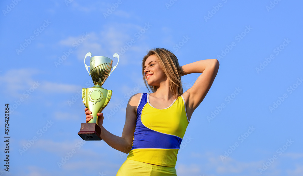 Winner in competition. Sport and health. Adorable cup winner. Sport and ...