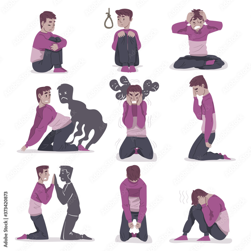 Mental Health Problems Set, Depressed Desperate People Sitting on Floor ...