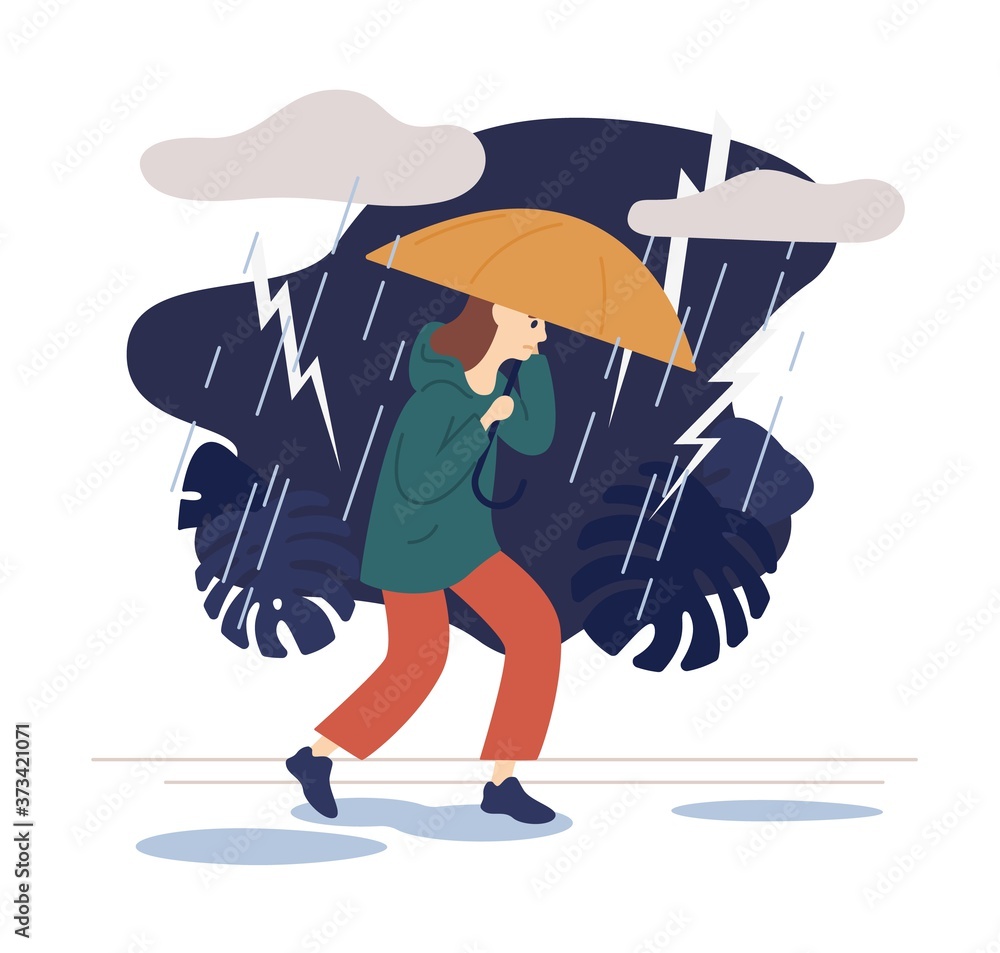 Casual woman going on street under umbrella at thunderstorm vector flat ...