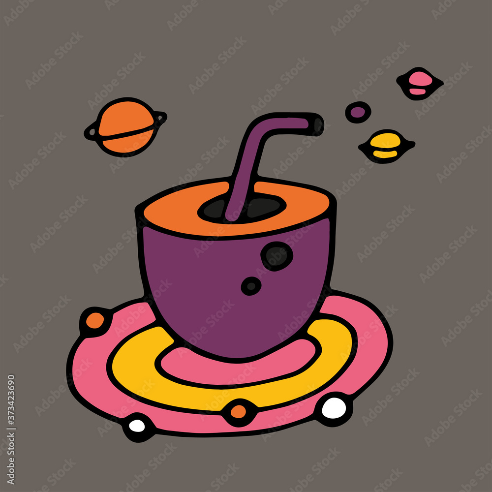 Tea Cup and coffee Cup in space style. Cupcakes and croissants in space ...