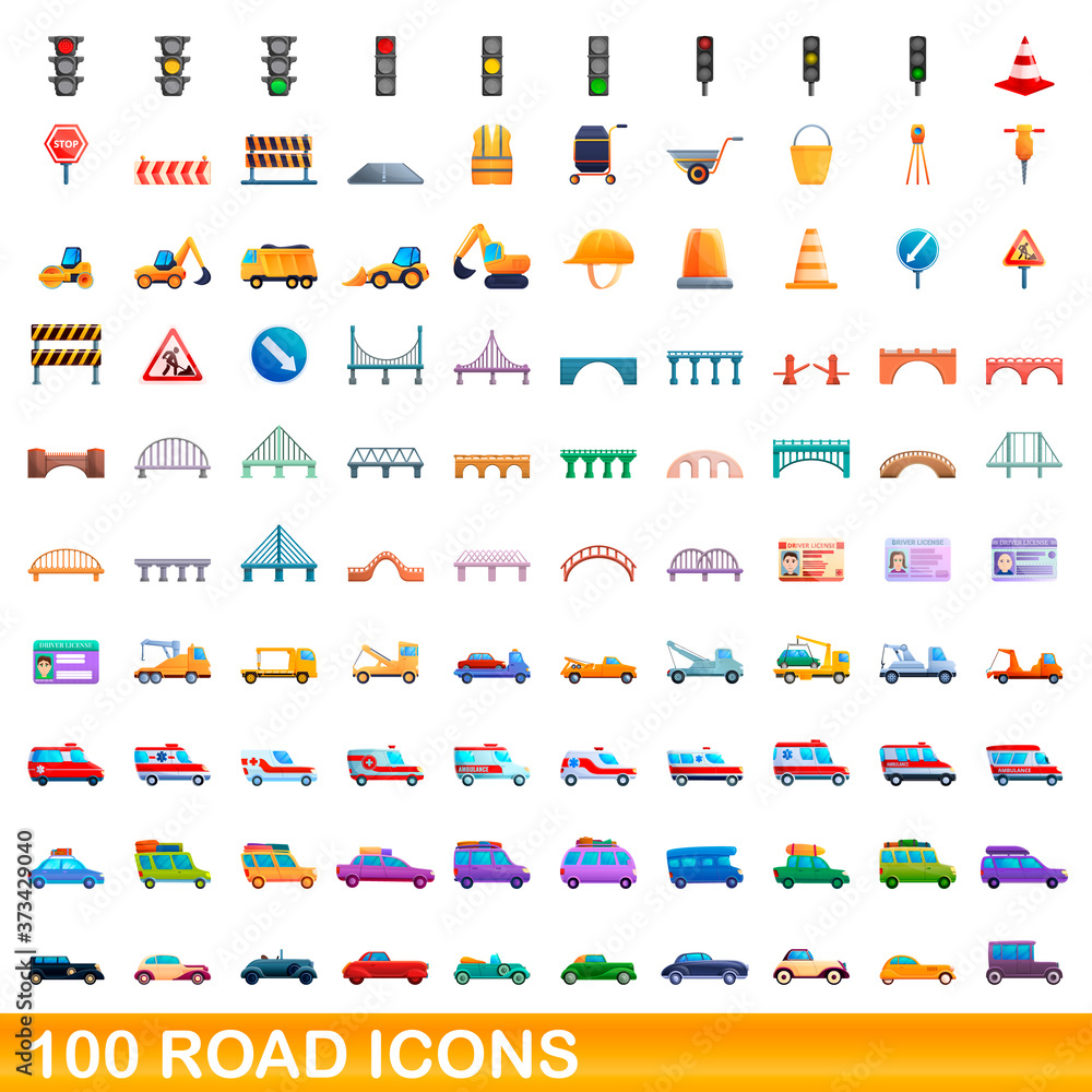 100 road icons set. Cartoon illustration of 100 road icons vector set ...