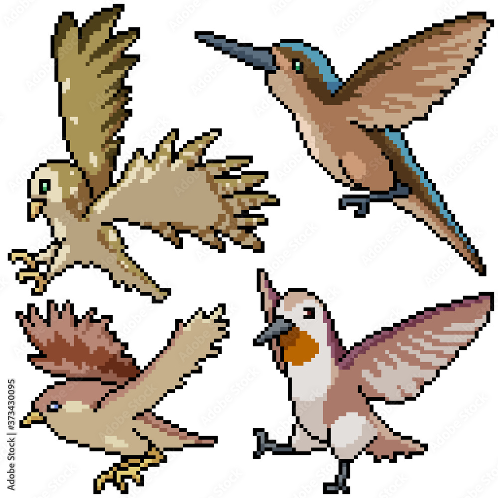 pixel art set isolated bird flying Stock Vector | Adobe Stock