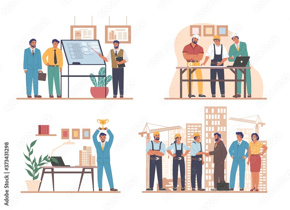 Construction engineers, architects, builder workers flat vector illustration set. Professional ...