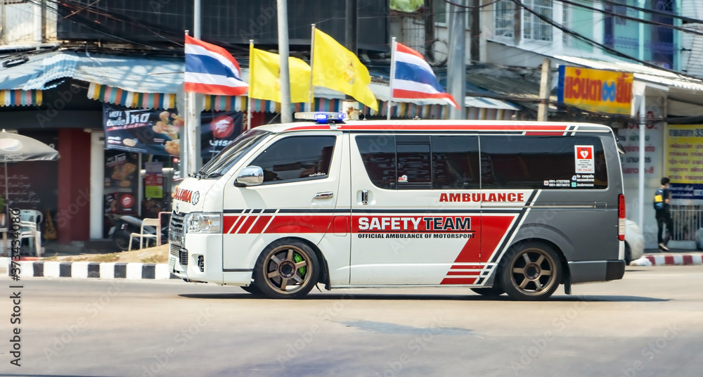 SAMUT PRAKAN, THAILAND, APR 04 2020, The ambulance car rides through a ...