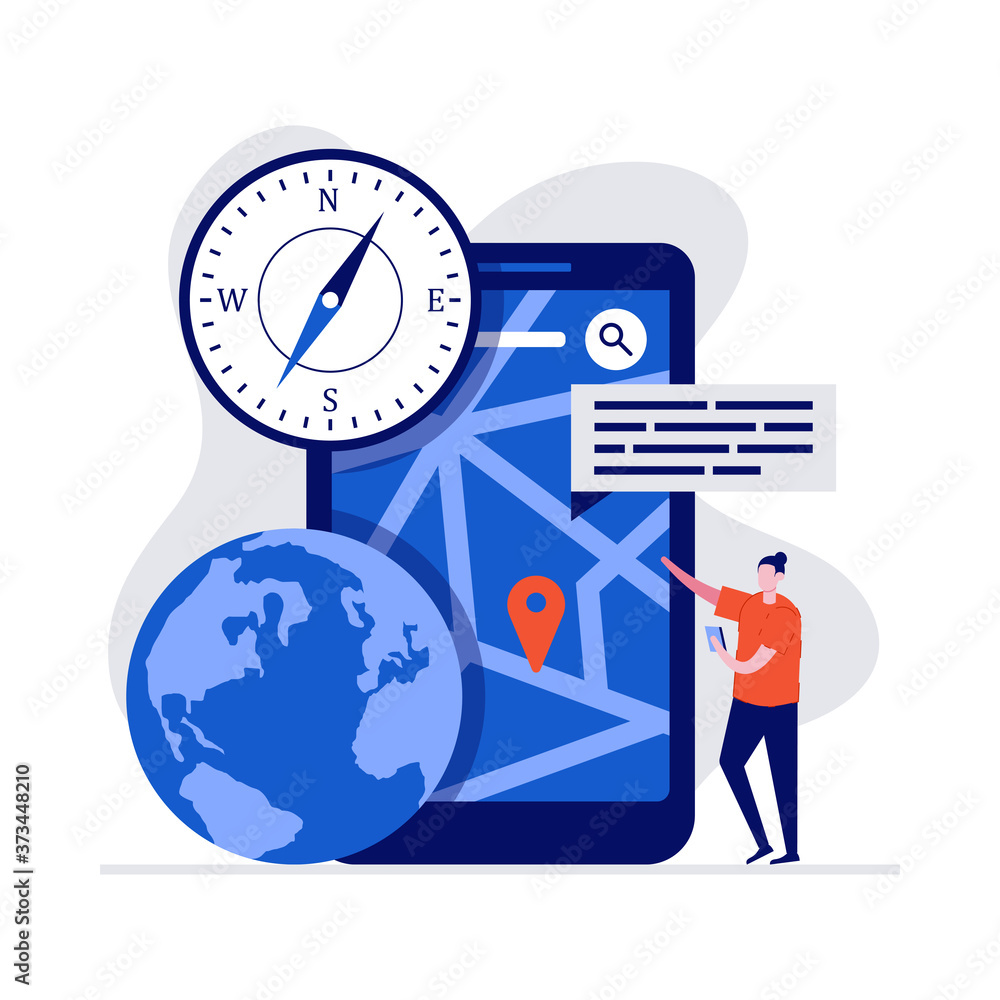 Mobile navigation concept with character, big smartphone, GPS pin and ...
