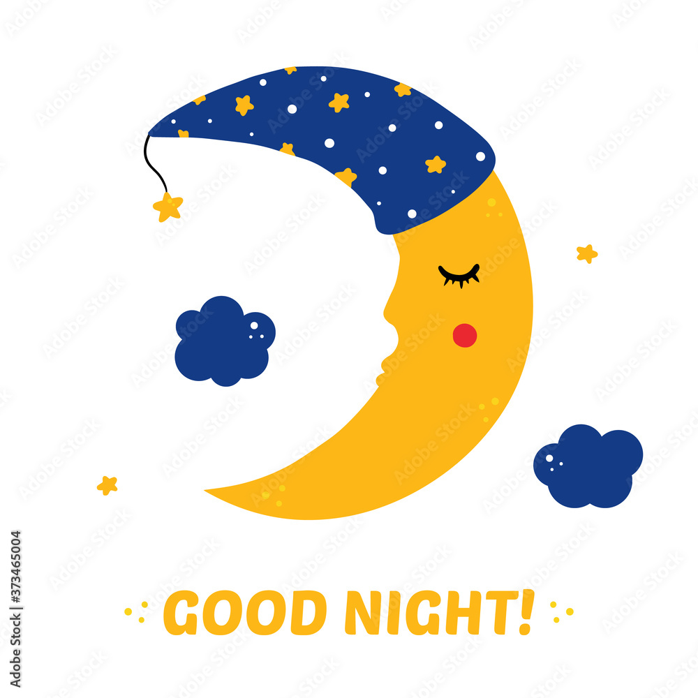 Cute cartoon style vector Good Night illustration, card with sleeping ...