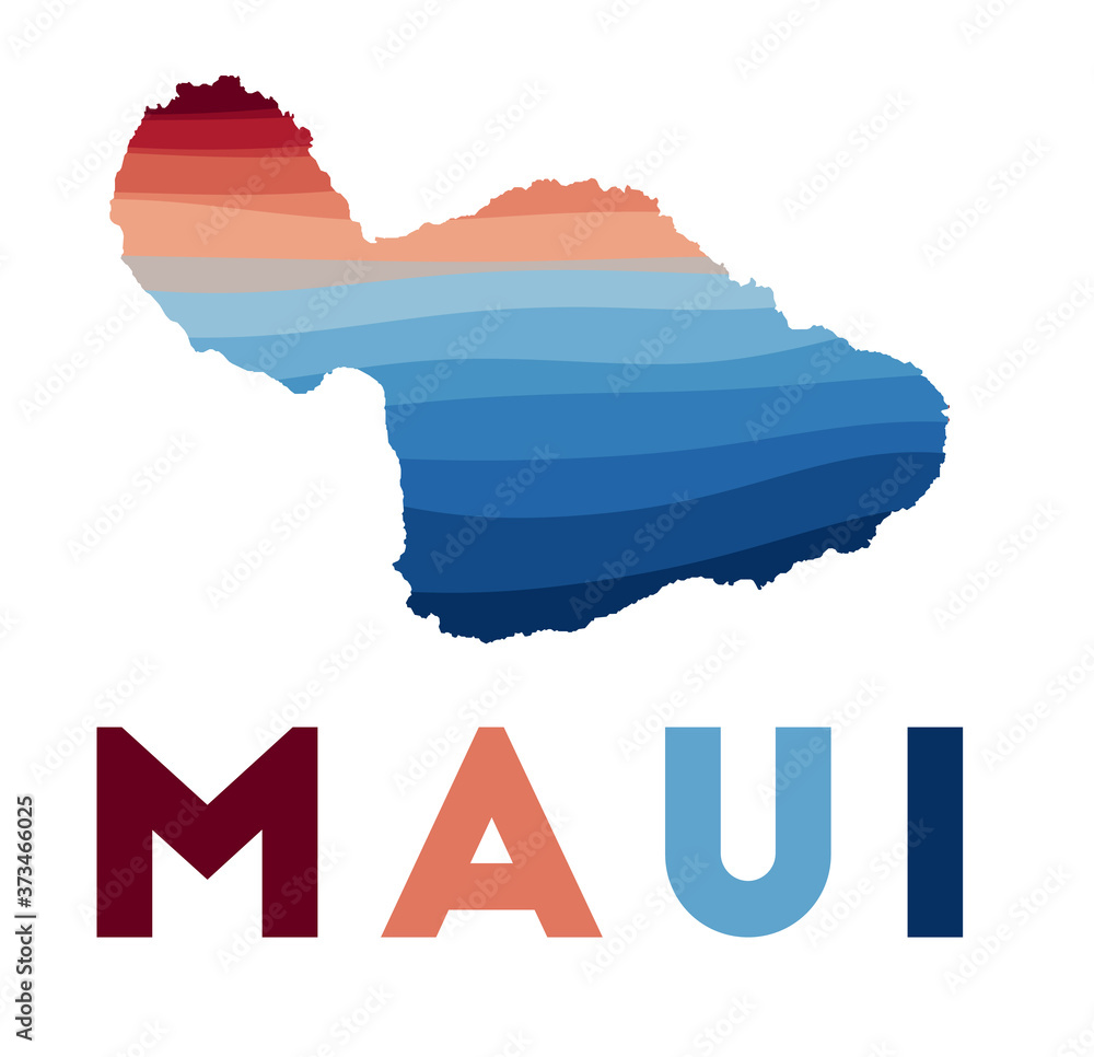 Maui map. Map of the island with beautiful geometric waves in red blue ...