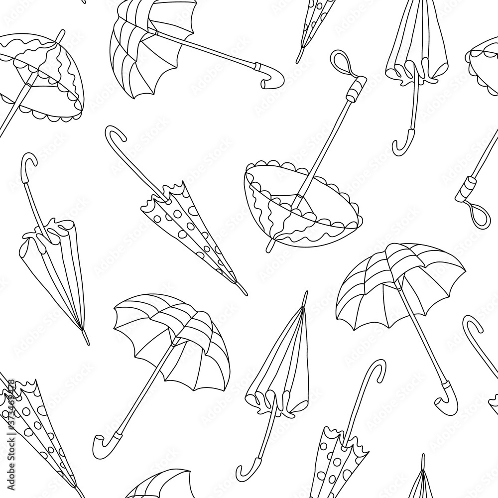 Vector seamless pattern with open and closed umbrellas on white background. Great for fabrics ...