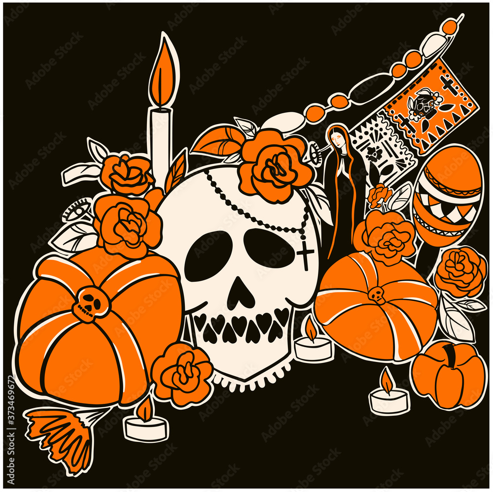 Mexican altar for day of the dead, marigold flowers, candles, sweet ...