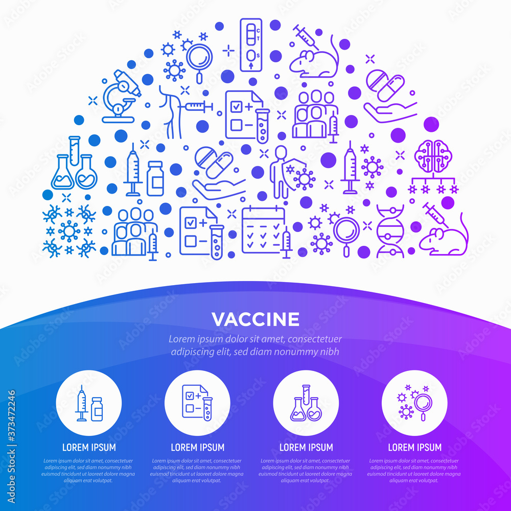 Vaccine concept in half circle with thin line icons: syringe and ...