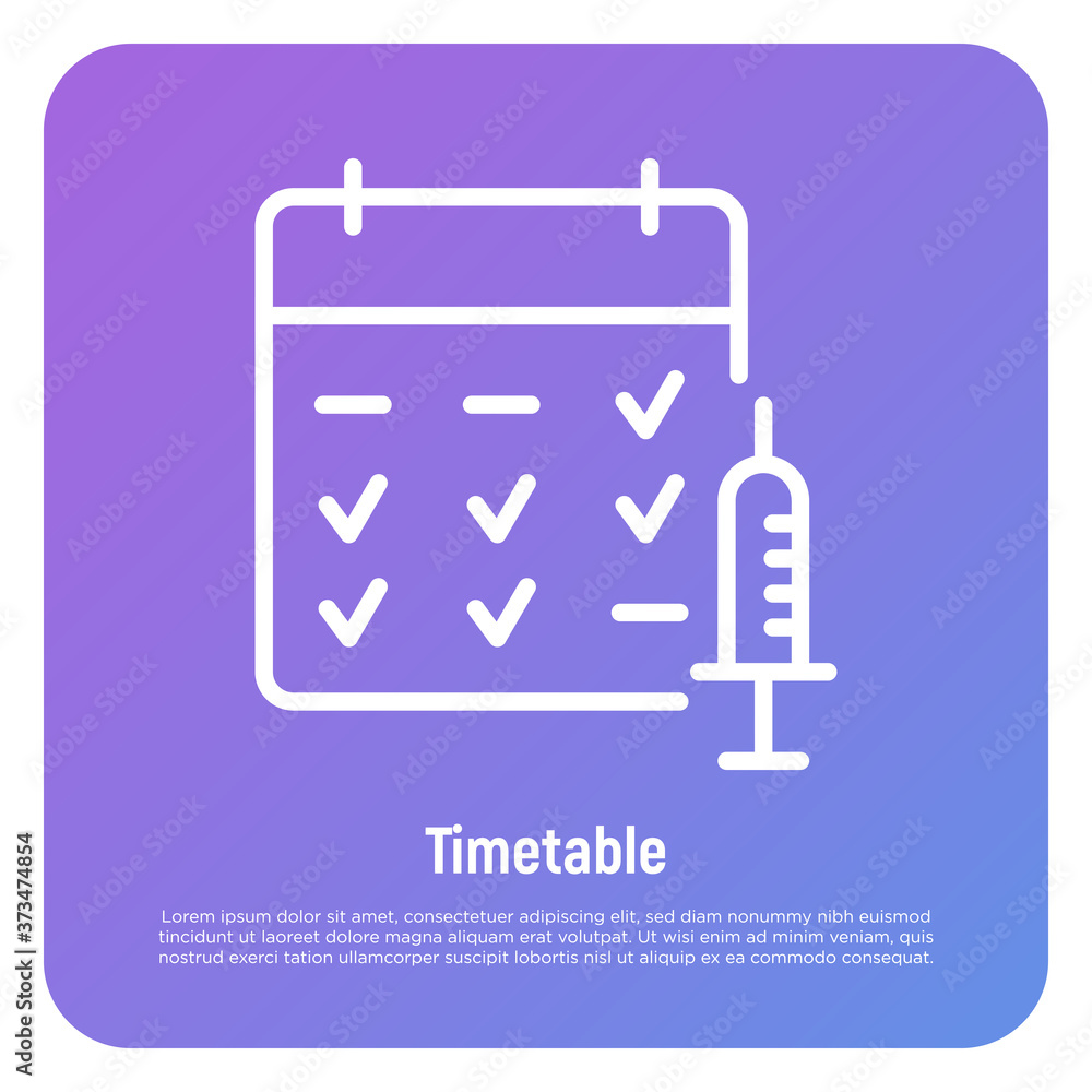 Vaccination timetable thin line icon. Calendar with check marks and ...