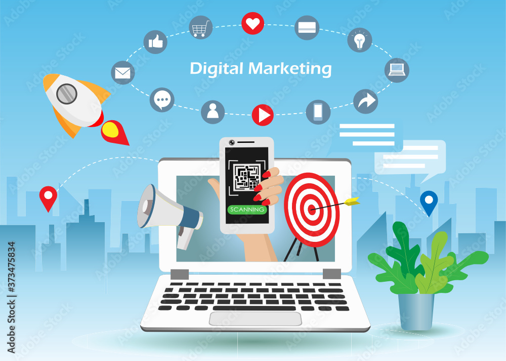 Digital marketing concept. Startup rocket, online payment and social ...