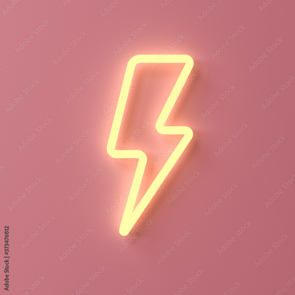Yellow neon thunder or lightning isolated on pink pastel color wall ...