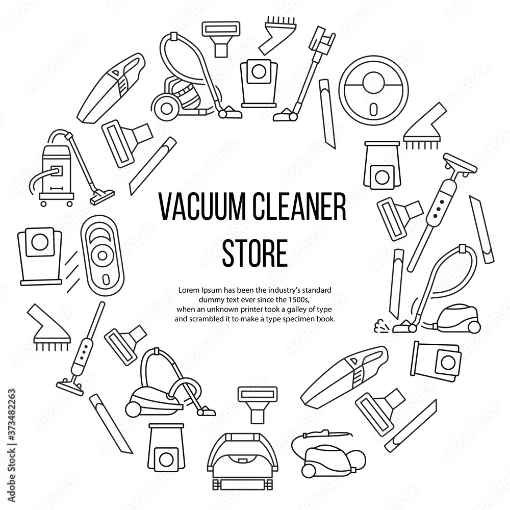 Vacuum cleaner circle banner with line flat icon. Template for vacuum ...