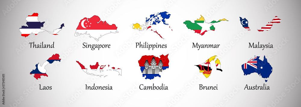Set of south east Asia country maps with flags isolated on gray ...