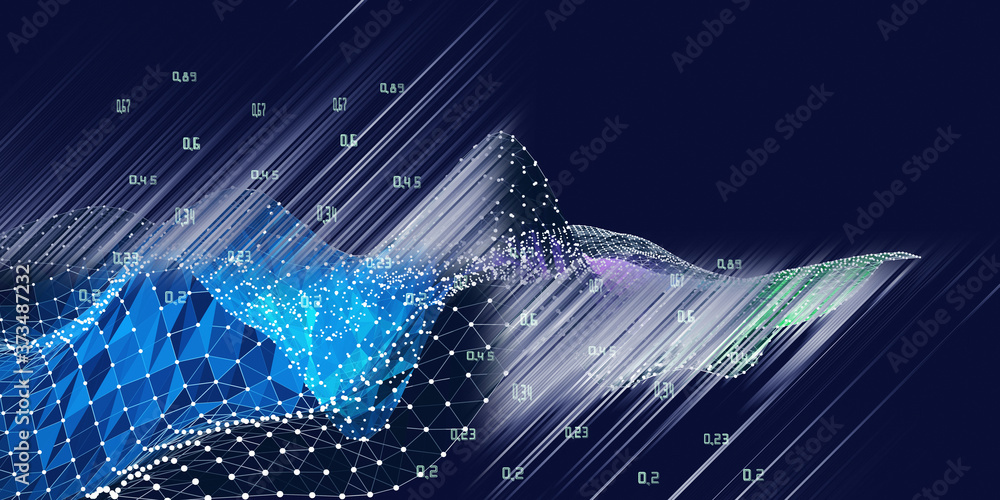 Abstract infographics concept wavy polygonal wireframe with data and blurred lines on dark ...
