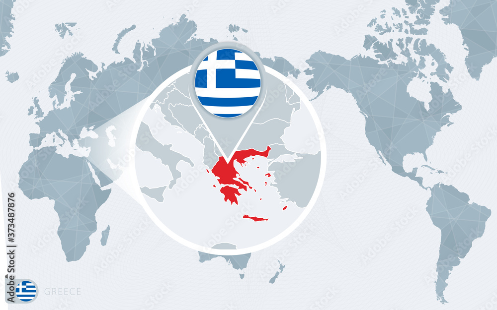 Pacific Centered World map with magnified Greece. Flag and map of ...
